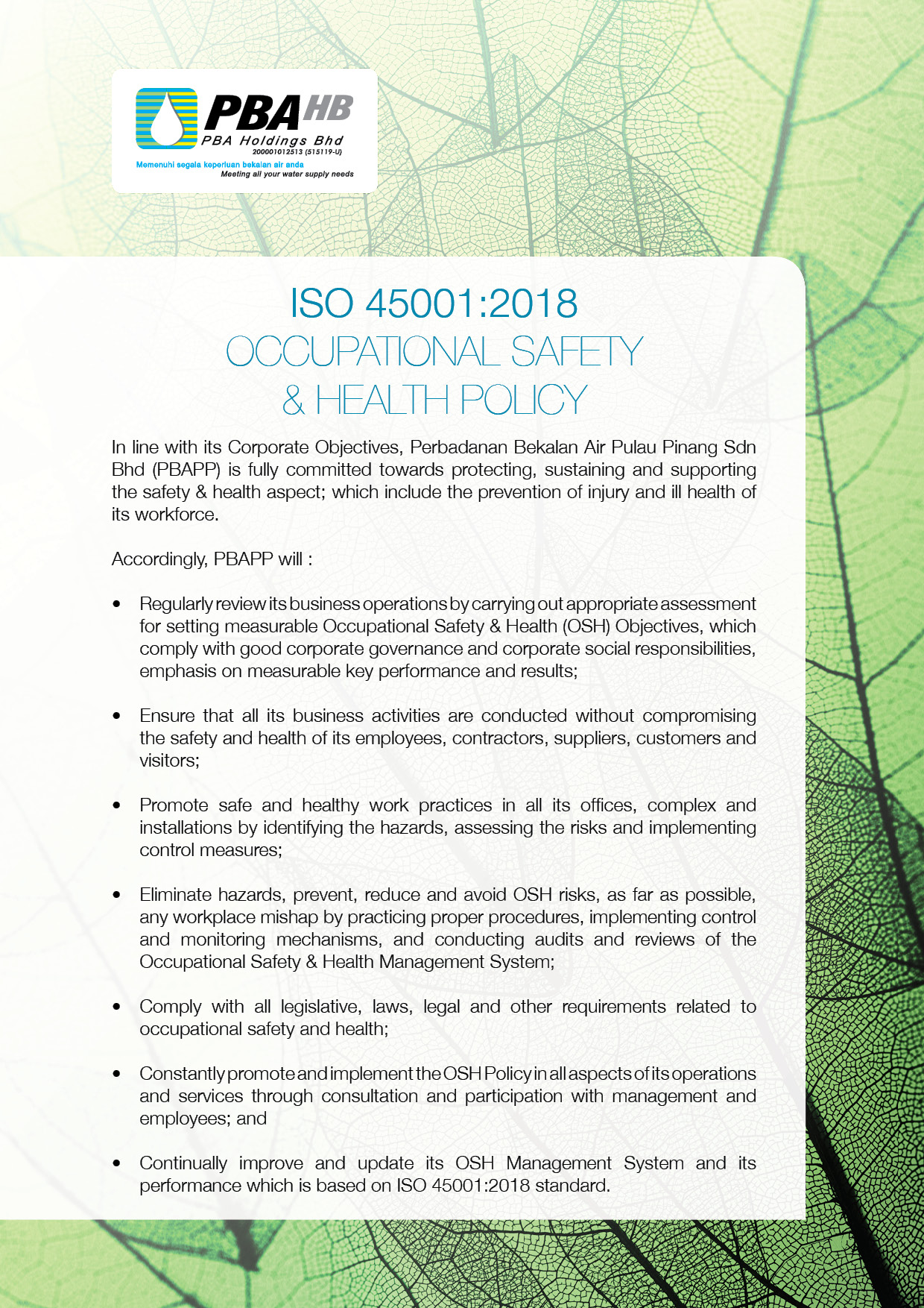 PBAHB - Occupational Safety & Health Policy PBAHB - Occupational Safety & Health Policy